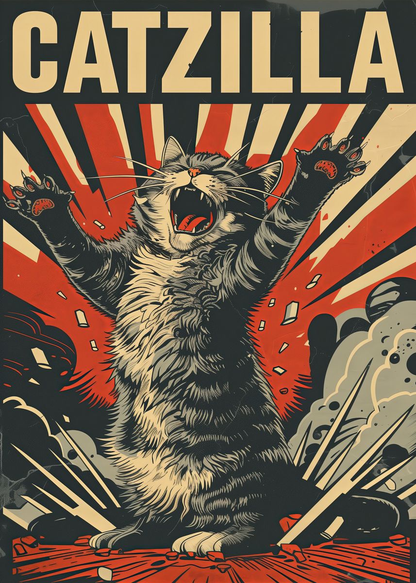 'Catzilla funny cat' Poster, picture, metal print, paint by MaluBobo ...
