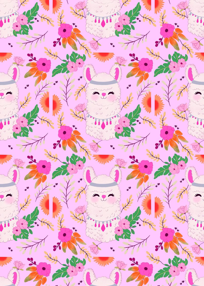 'Lamas Pink Flower Garden' Poster, picture, metal print, paint by ...