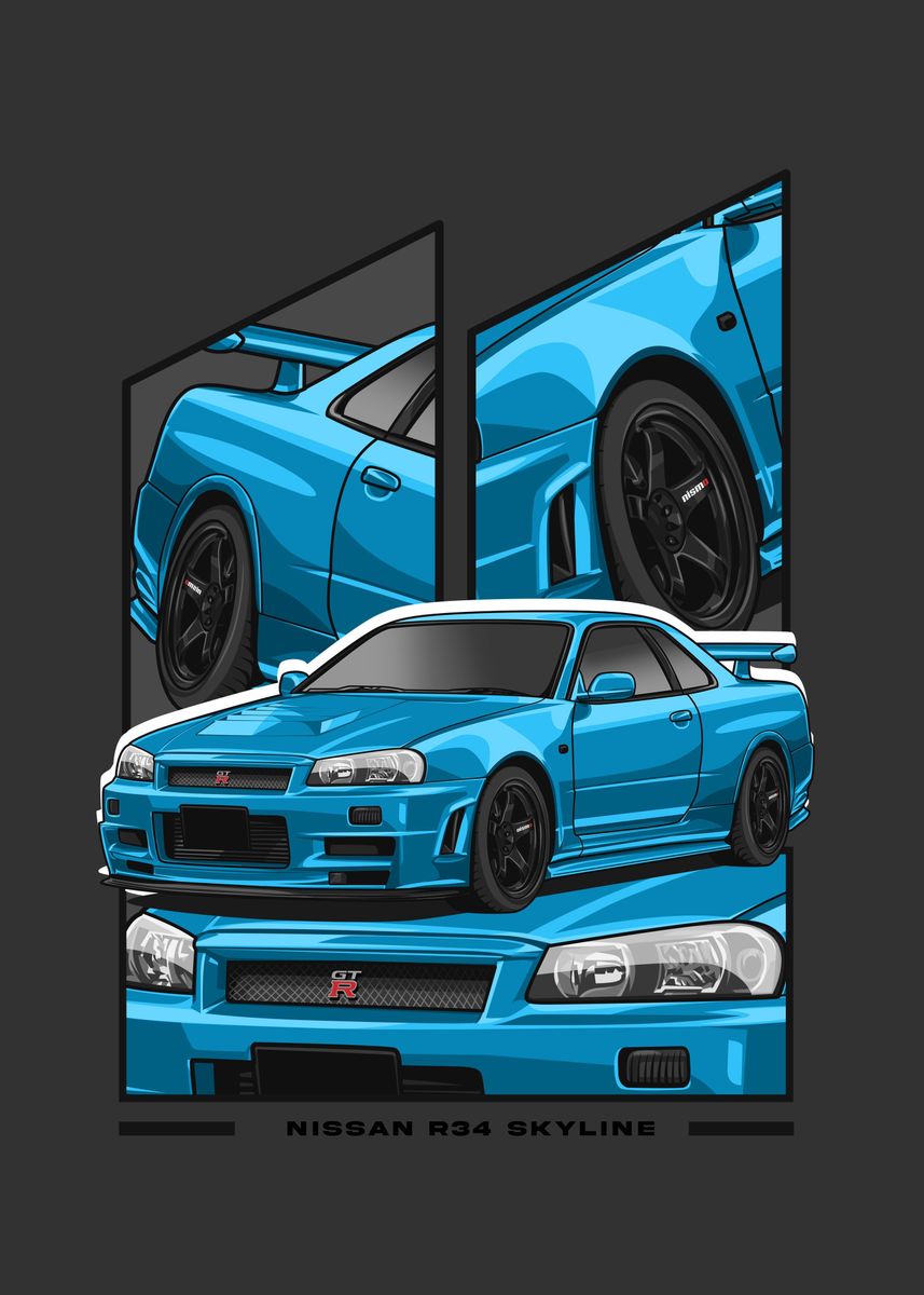 'Nissan r34 Skyline cyan' Poster, picture, metal print, paint by capture art | Displate