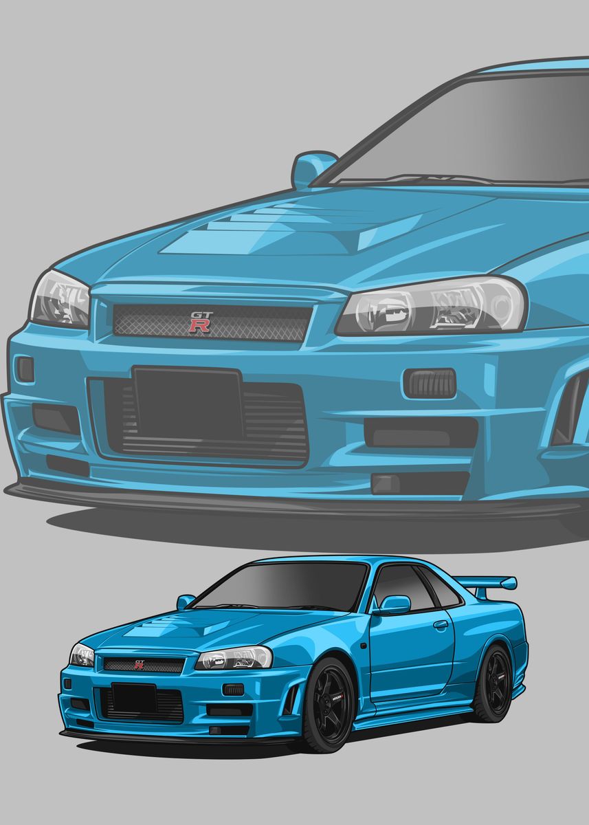 'Nissan r34 Skyline cyan' Poster, picture, metal print, paint by capture art | Displate