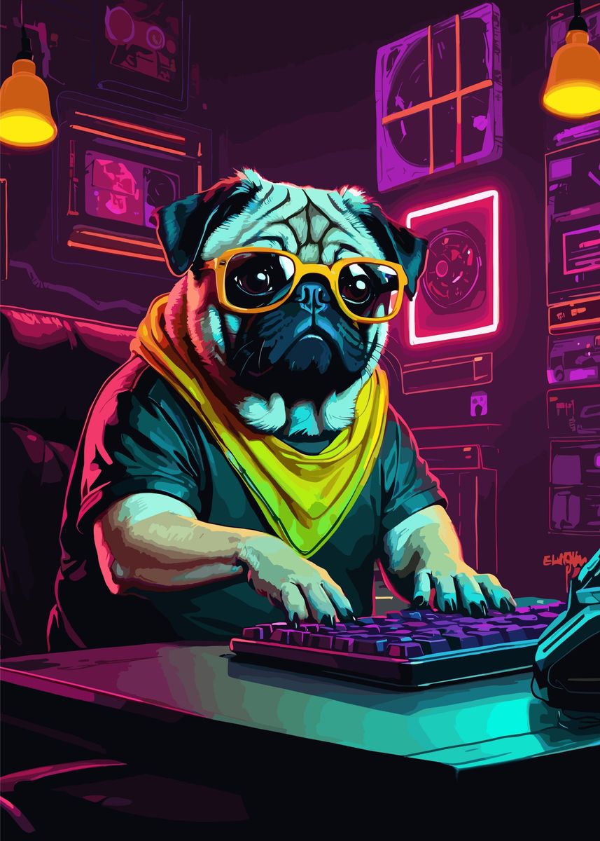 'Pug Gamer' Poster, picture, metal print, paint by Vicky Hanggara ...
