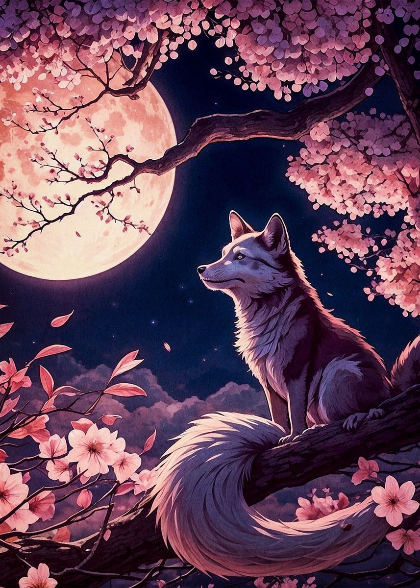 'cherry blossom wolf' Poster, picture, metal print, paint by Coral ...