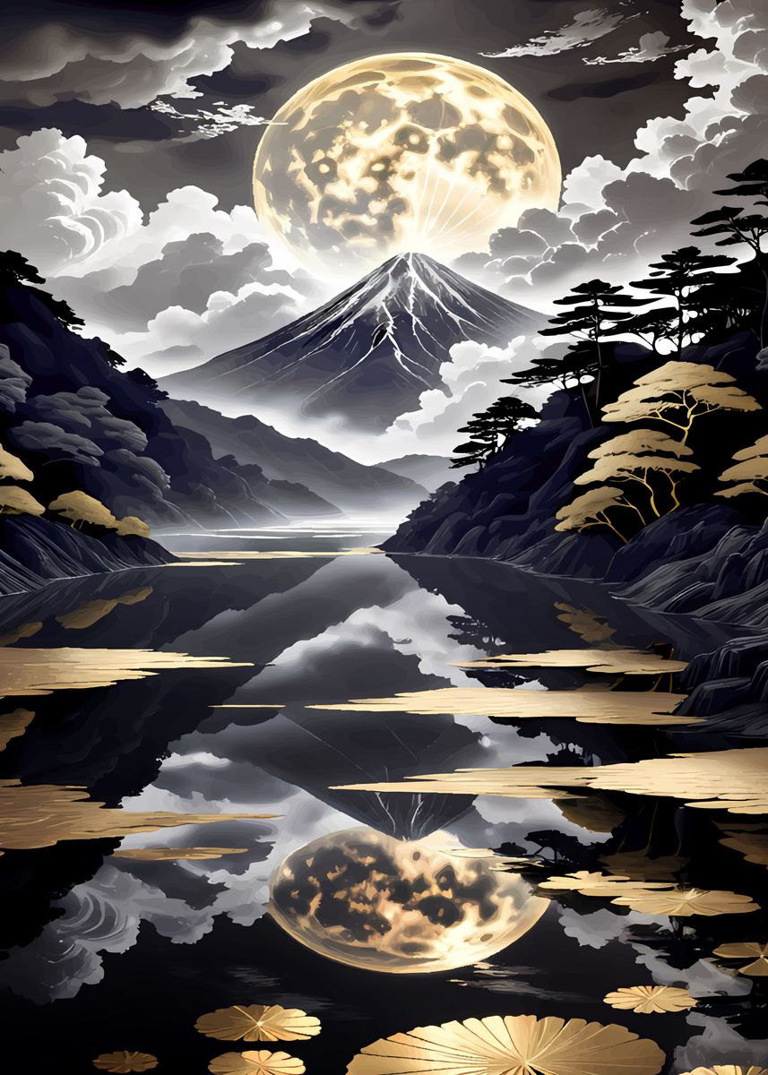 'Japanese Golden Moon ' Poster, picture, metal print, paint by Live Art ...