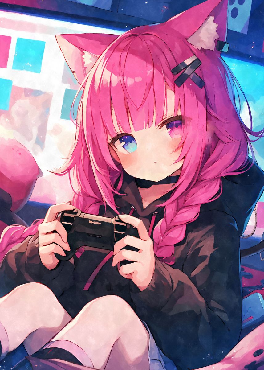 'Kawaii Pink Cat Gamer Girl' Poster, picture, metal print, paint by ...