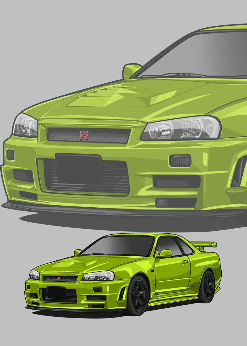'Nissan r34 Skyline green' Poster, picture, metal print, paint by ...