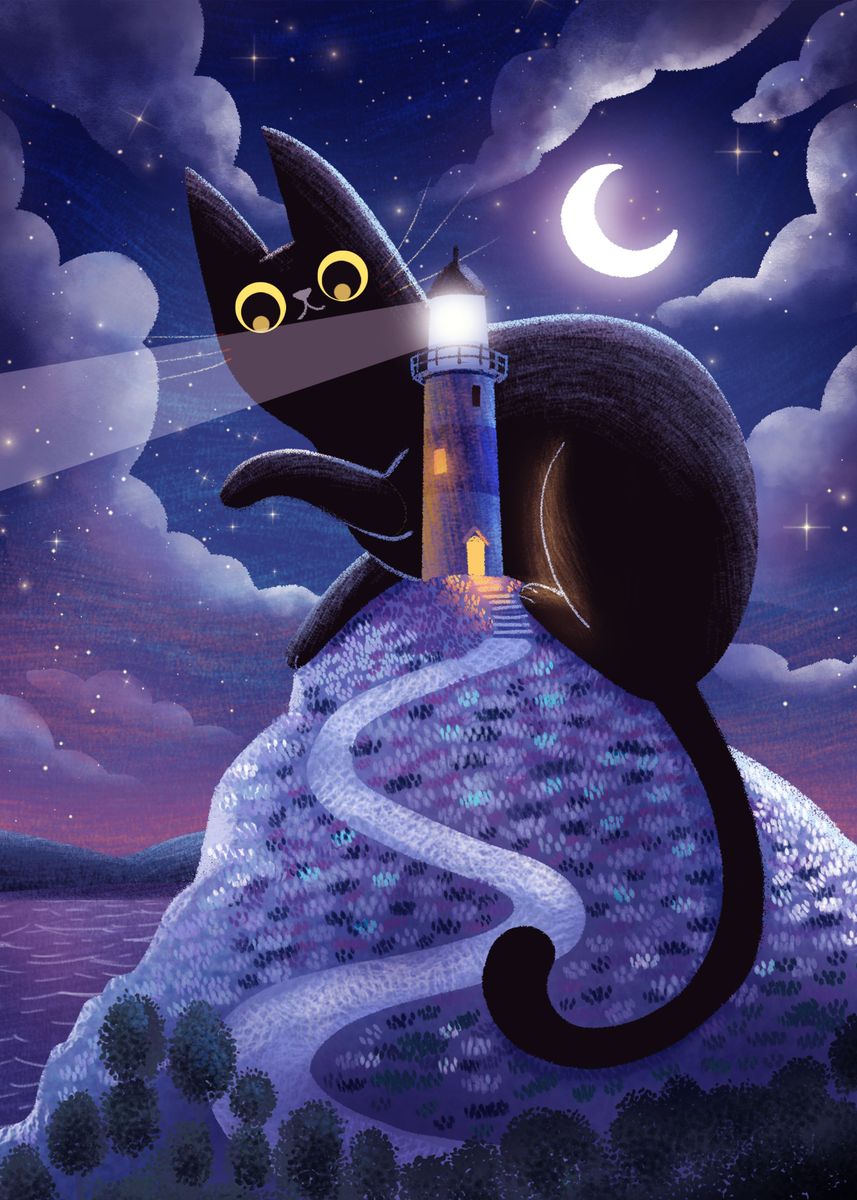'Cat and the lighthouse' Poster, picture, metal print, paint by ...