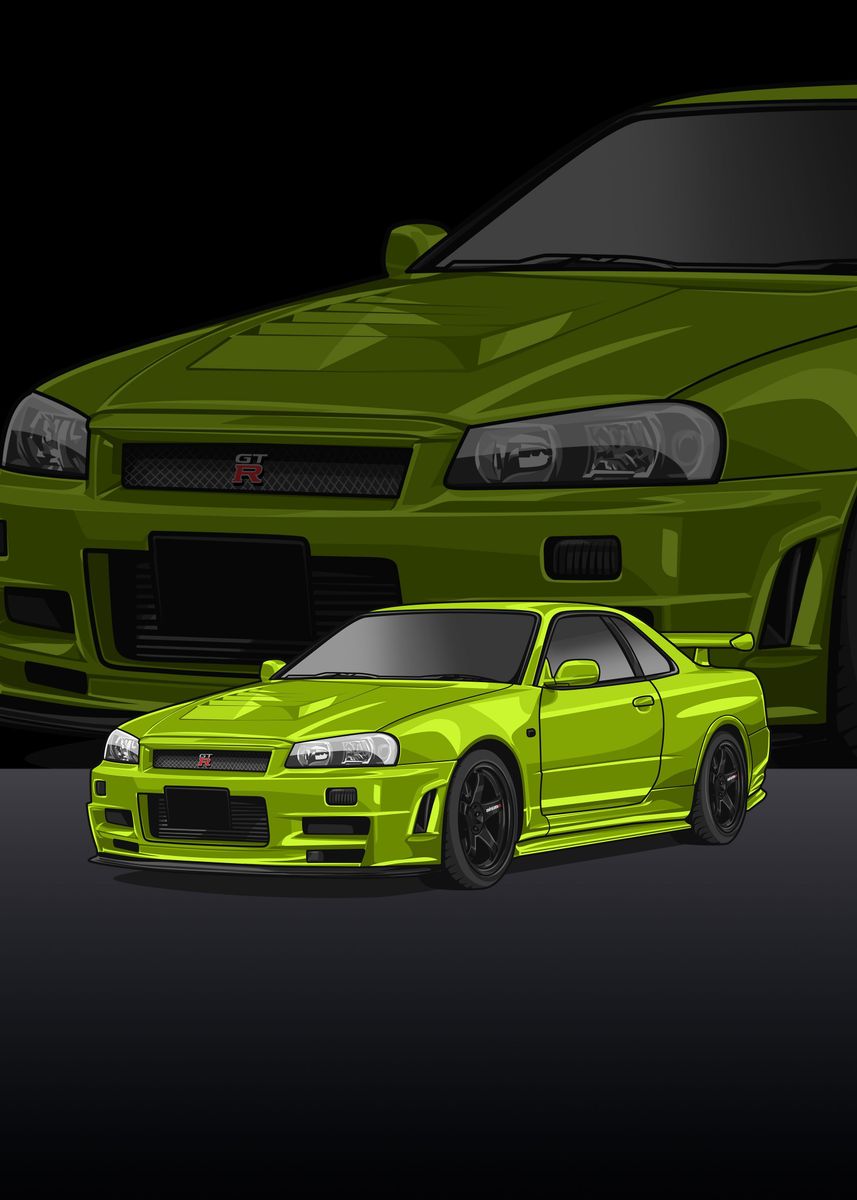 'Nissan r34 Skyline green' Poster, picture, metal print, paint by ...