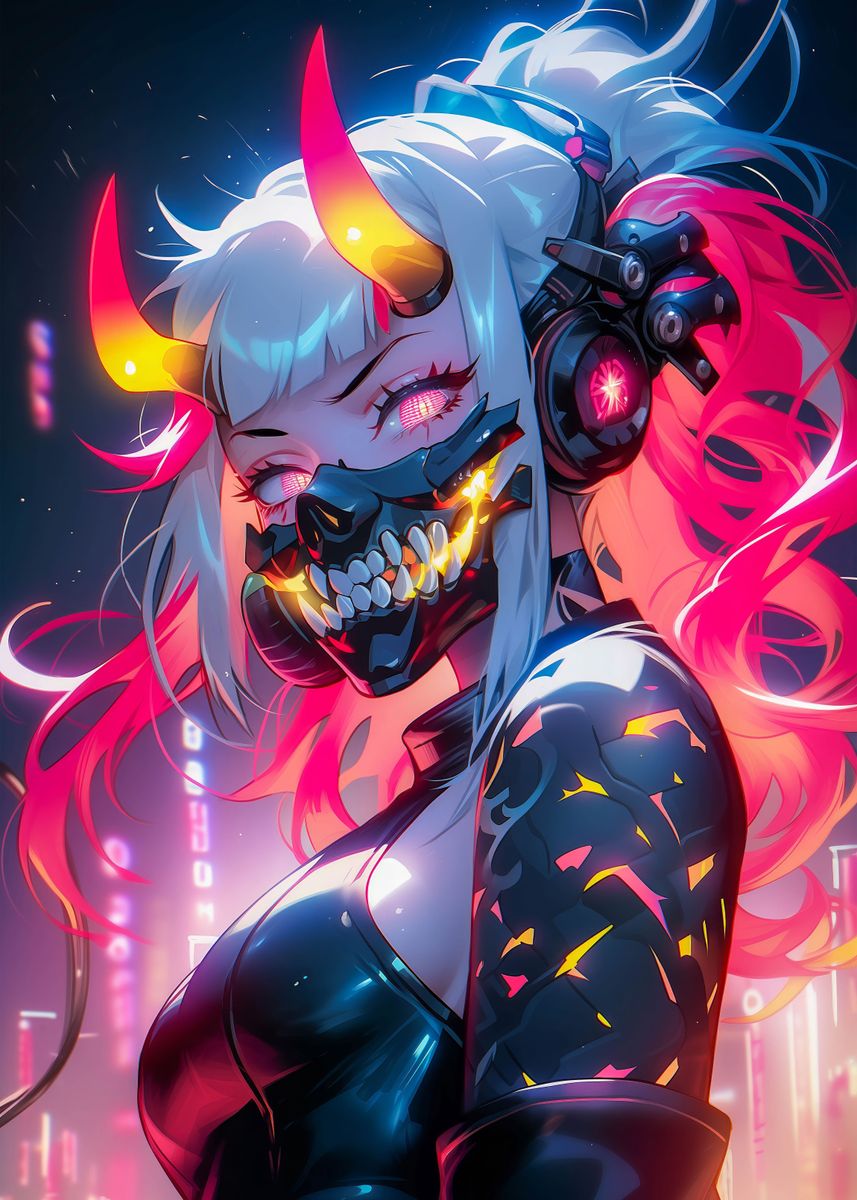 'Neon Oni Girl' Poster, picture, metal print, paint by Vizio | Displate