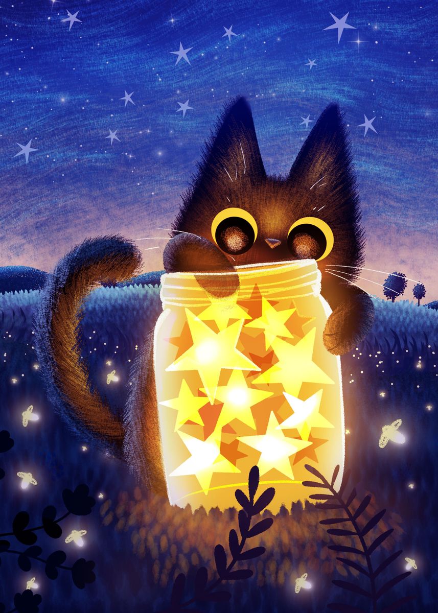 'Stars and the kitten' Poster, picture, metal print, paint by ...