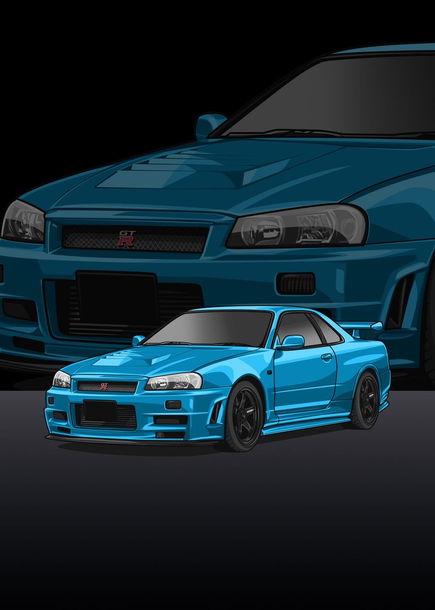 'Nissan r34 Skyline cyan' Poster, picture, metal print, paint by capture art | Displate