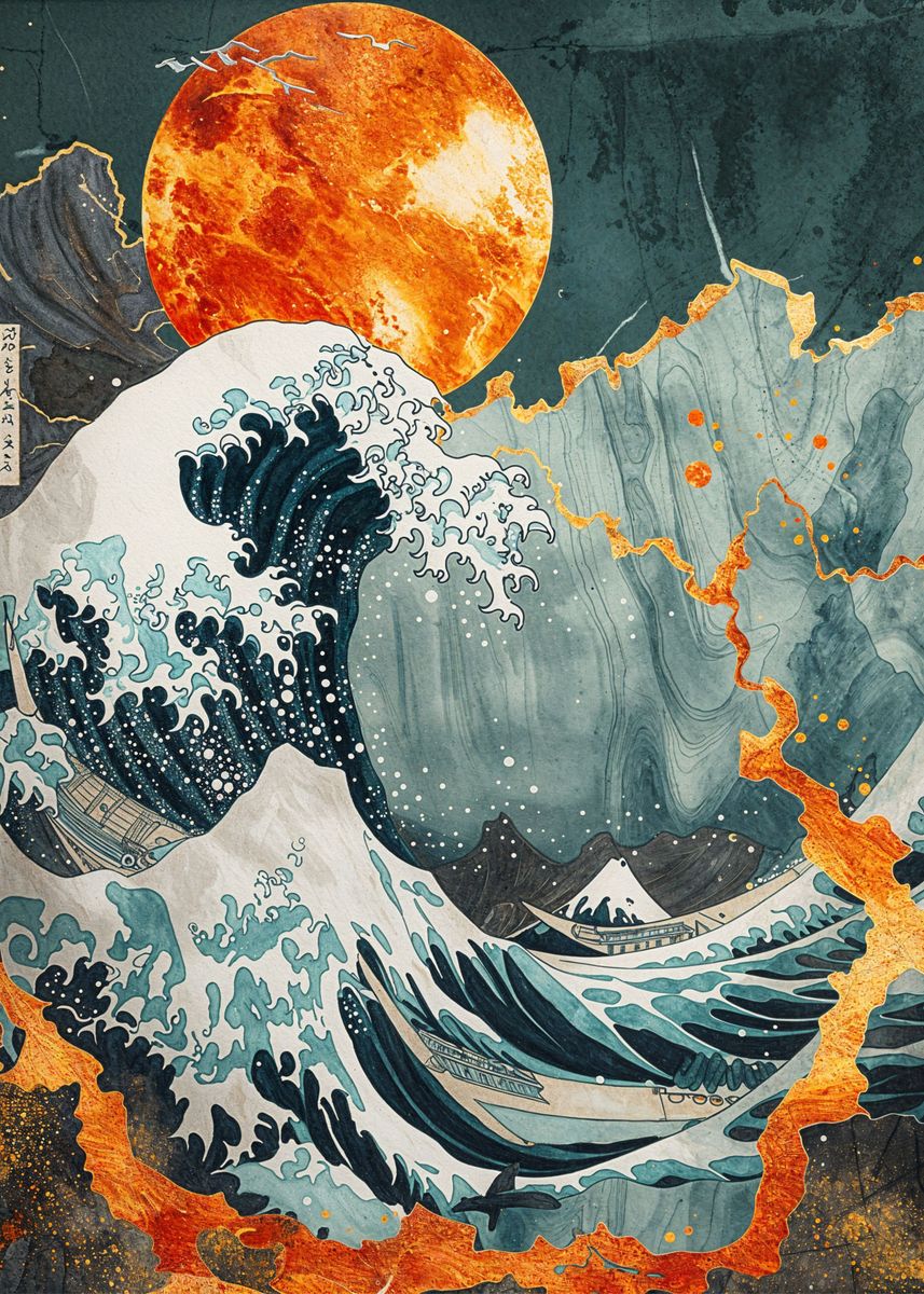 'Golden Great Wave at Night' Poster, picture, metal print, paint by ...