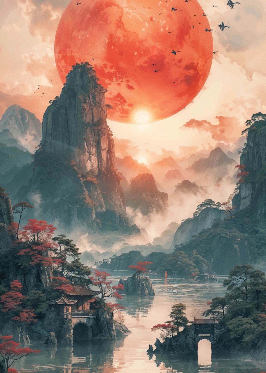'chinese landscape' Poster, picture, metal print, paint by Eira | Displate