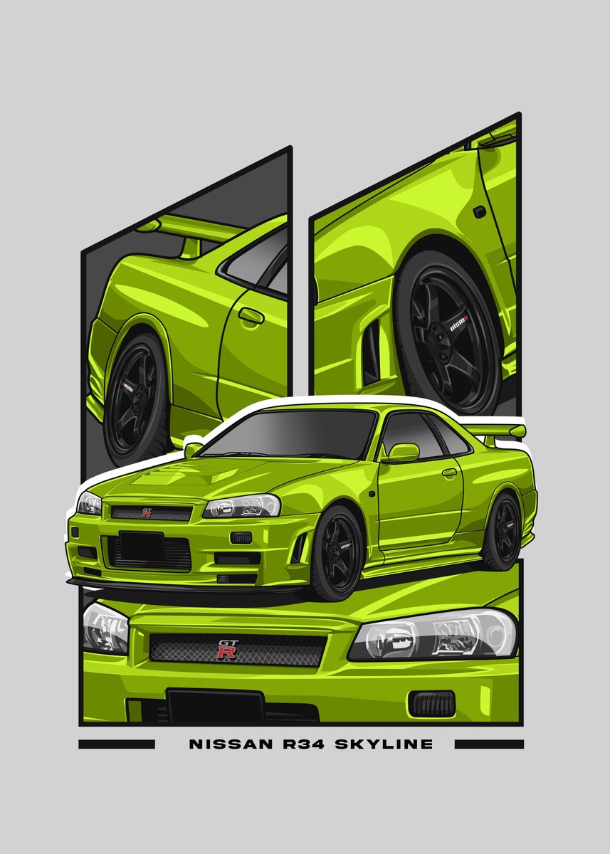 'Nissan r34 Skyline green' Poster, picture, metal print, paint by ...