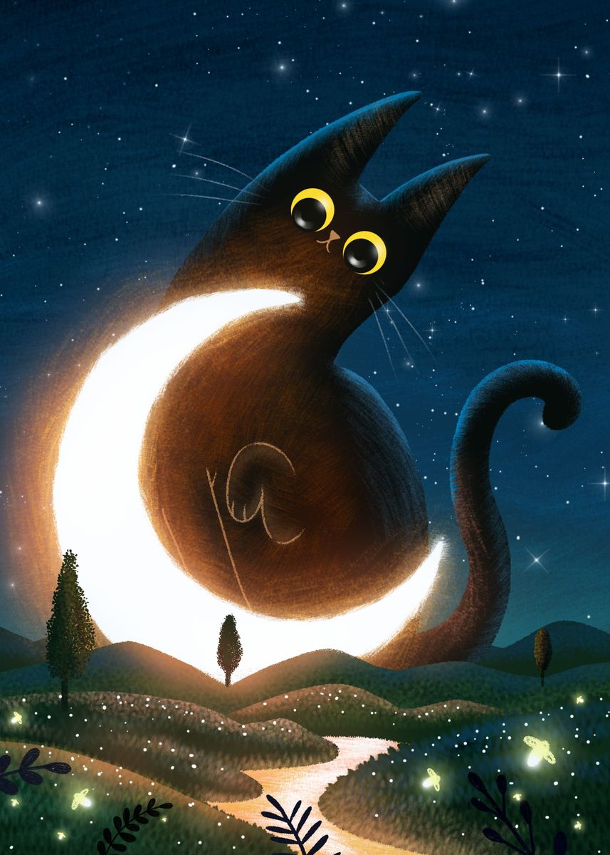 'Cat and the magic moon' Poster, picture, metal print, paint by ...