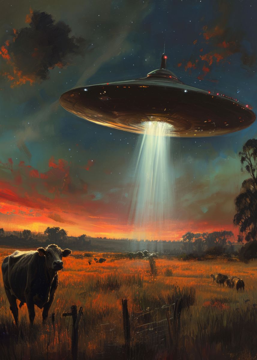 'Cow and Alien Spaceship' Poster, picture, metal print, paint by ...