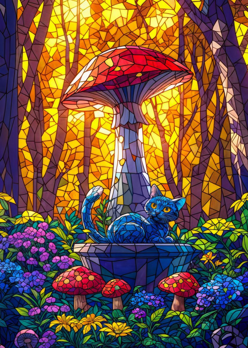 'Cat in Mushroom Forest' Poster, picture, metal print, paint by Vizio | Displate