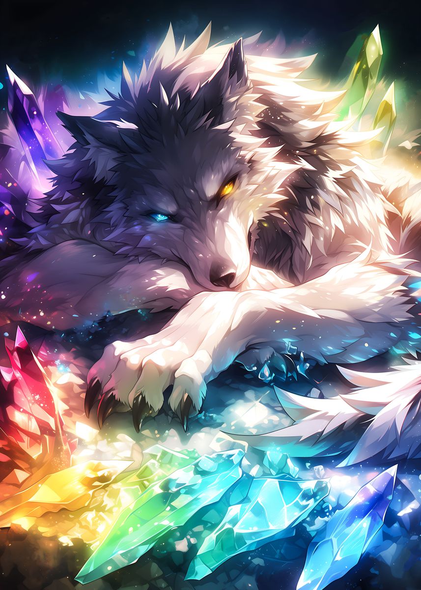 'Rainbow Crystal Wolf' Poster, picture, metal print, paint by ...