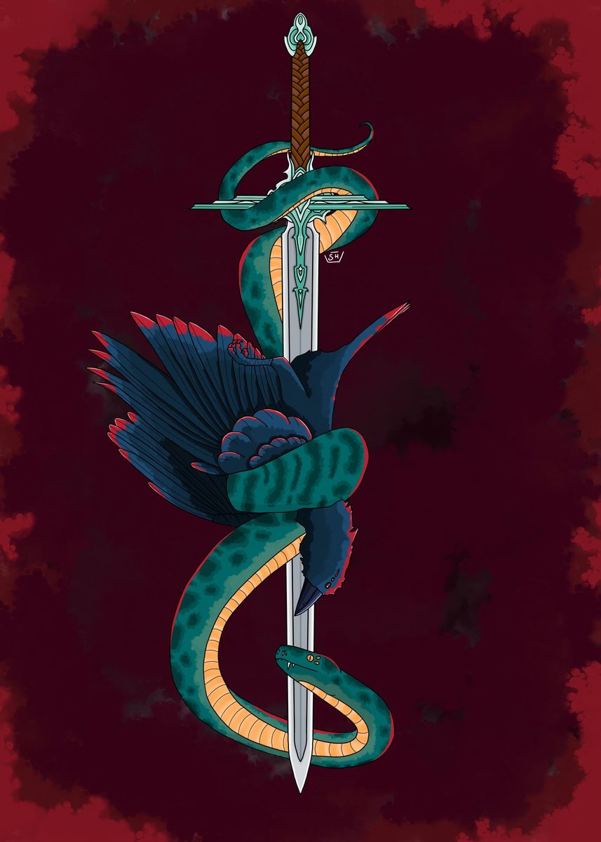 'Snake vs Crow' Poster, picture, metal print, paint by SaraHaahr ...