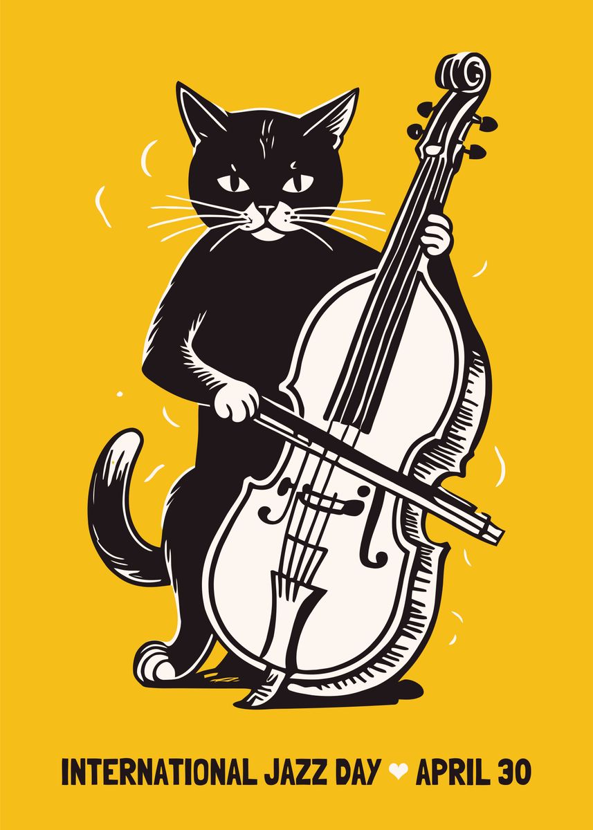 'Cat Playing Double Bass' Poster, picture, metal print, paint by ...