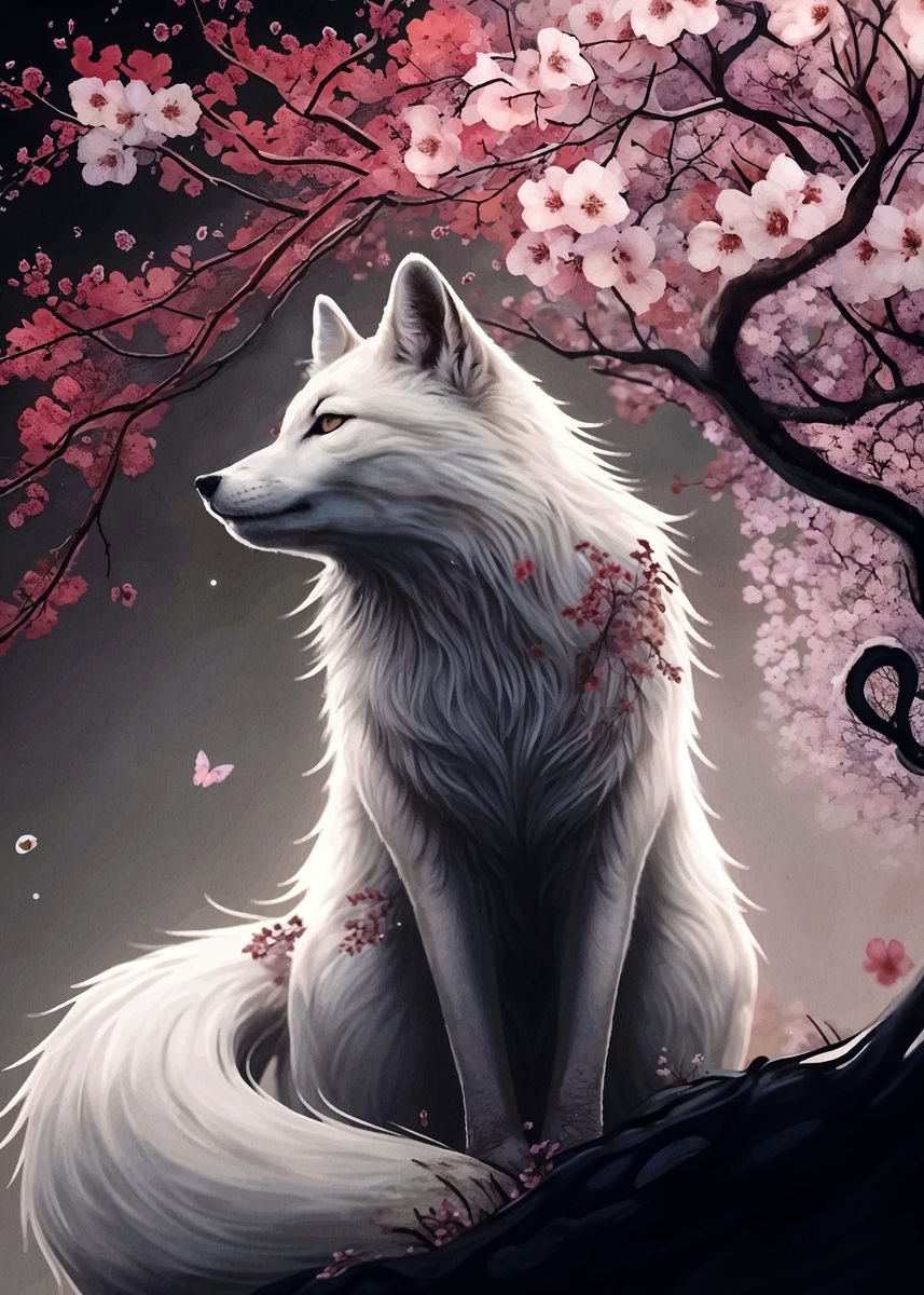 'Wolf Cherry Blossom animal' Poster, picture, metal print, paint by ...