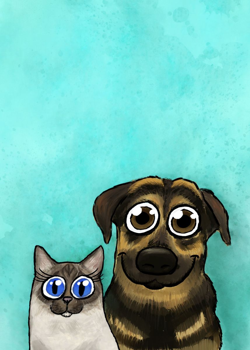 'cute cartoon cat and dog' Poster, picture, metal print, paint by ...