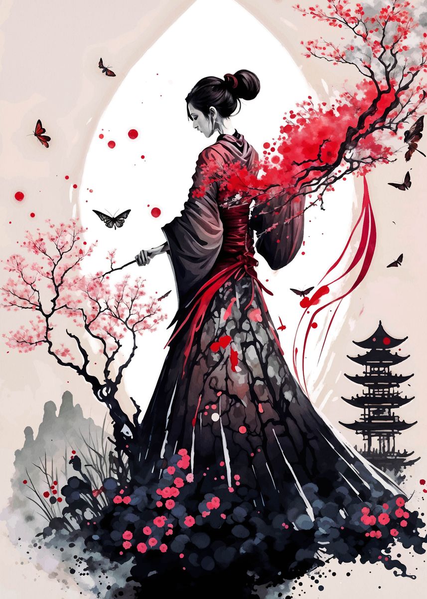 'Geisha Cherry Blossom ' Poster, picture, metal print, paint by Awesome ...