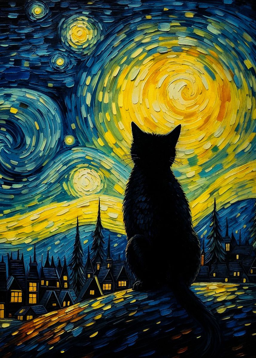 'starry night cat' Poster, picture, metal print, paint by Mikaeel Moran ...