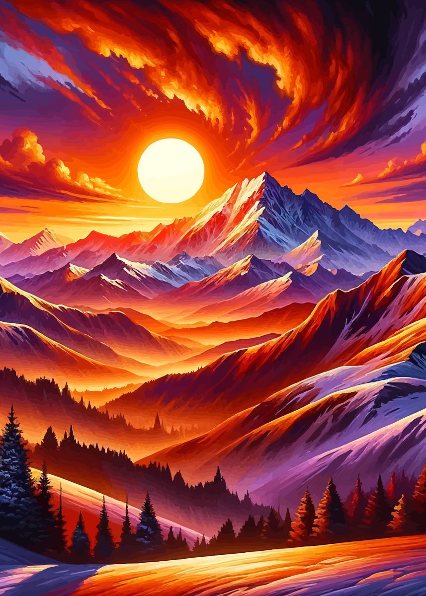 'Snowy Mountainscape Sunset' Poster, picture, metal print, paint by ...