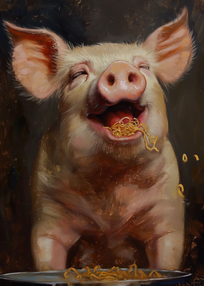 'Happy Pig Ramen Noodles' Poster, picture, metal print, paint by Zenz ...