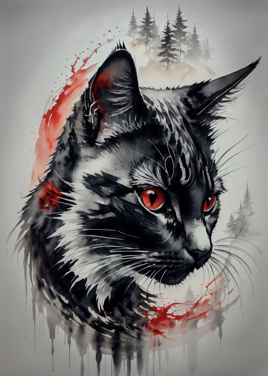 'Japanese Ink Cat Red Eyes' Poster, picture, metal print, paint by Vic ...