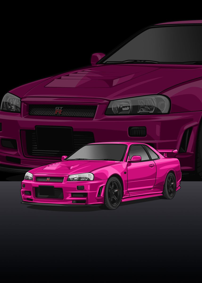 'Nissan r34 Skyline pink' Poster, picture, metal print, paint by ...