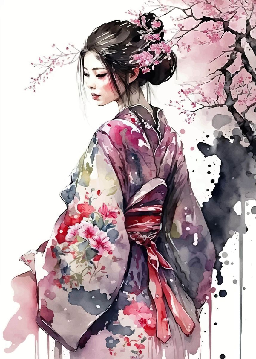 'Geisha Cherry Blossom ' Poster, picture, metal print, paint by Siobhan ...