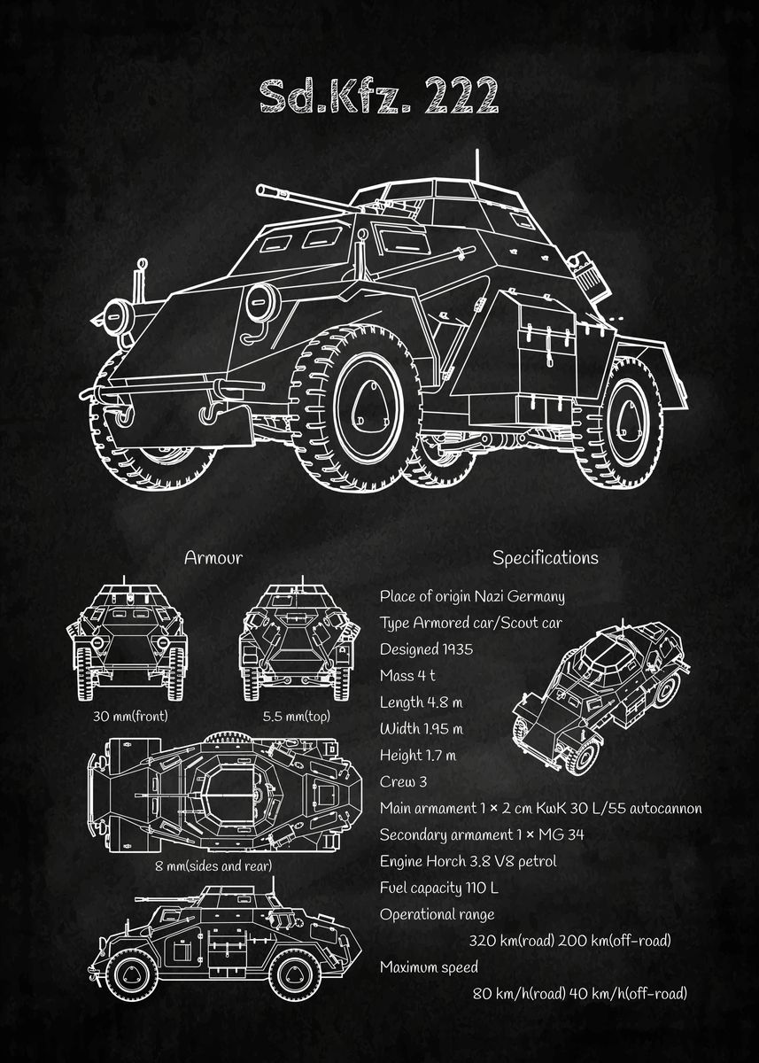 'SdKfz 222 Armored car WW2' Poster, picture, metal print, paint by ...