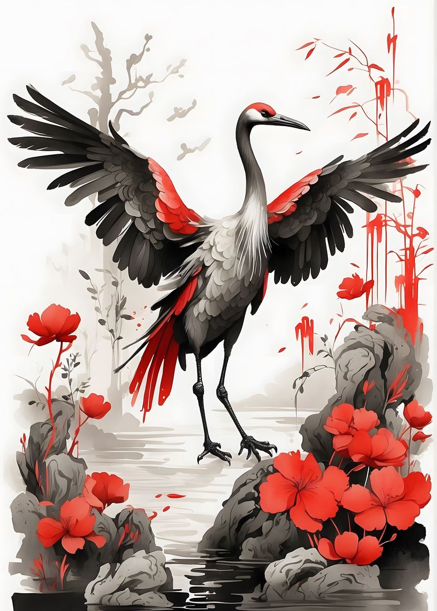 'Japanese Ink Crane Bird' Poster, picture, metal print, paint by Xăm ...