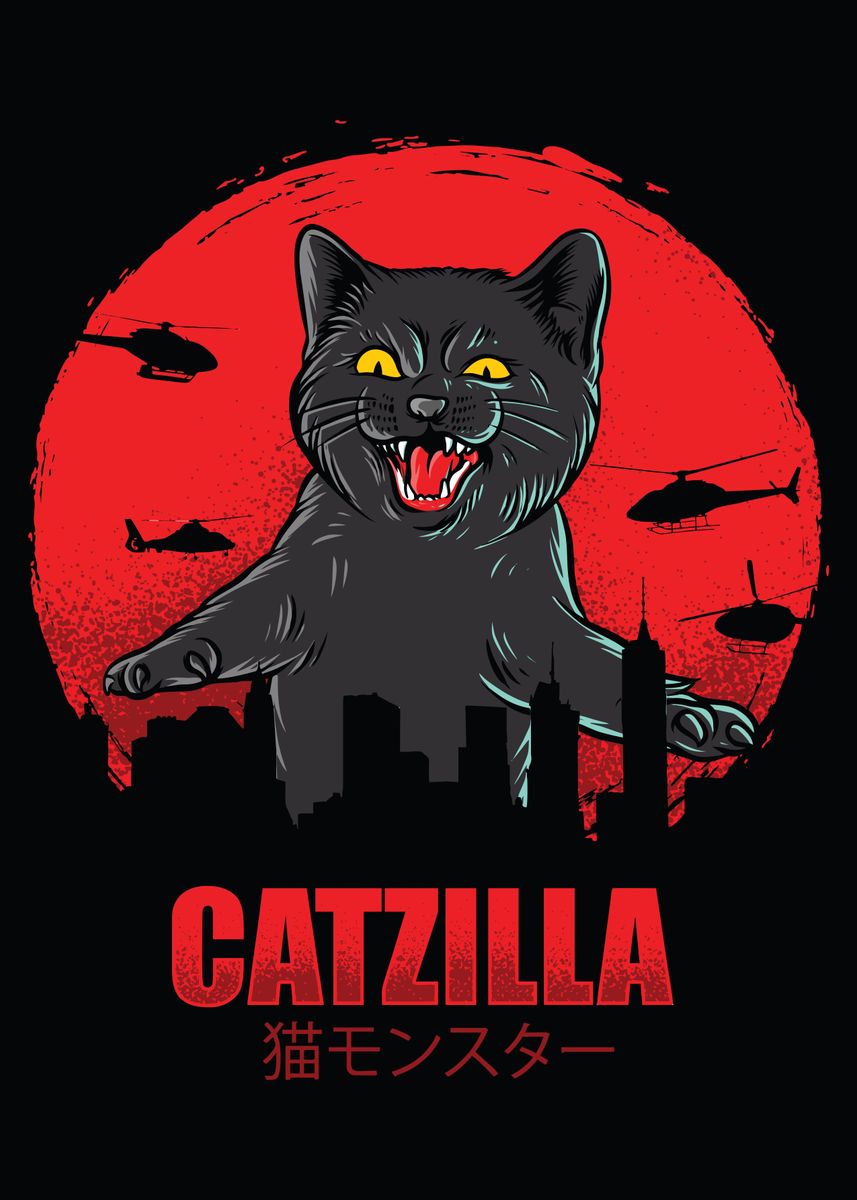 'Catzilla Funny Print' Poster, picture, metal print, paint by ...