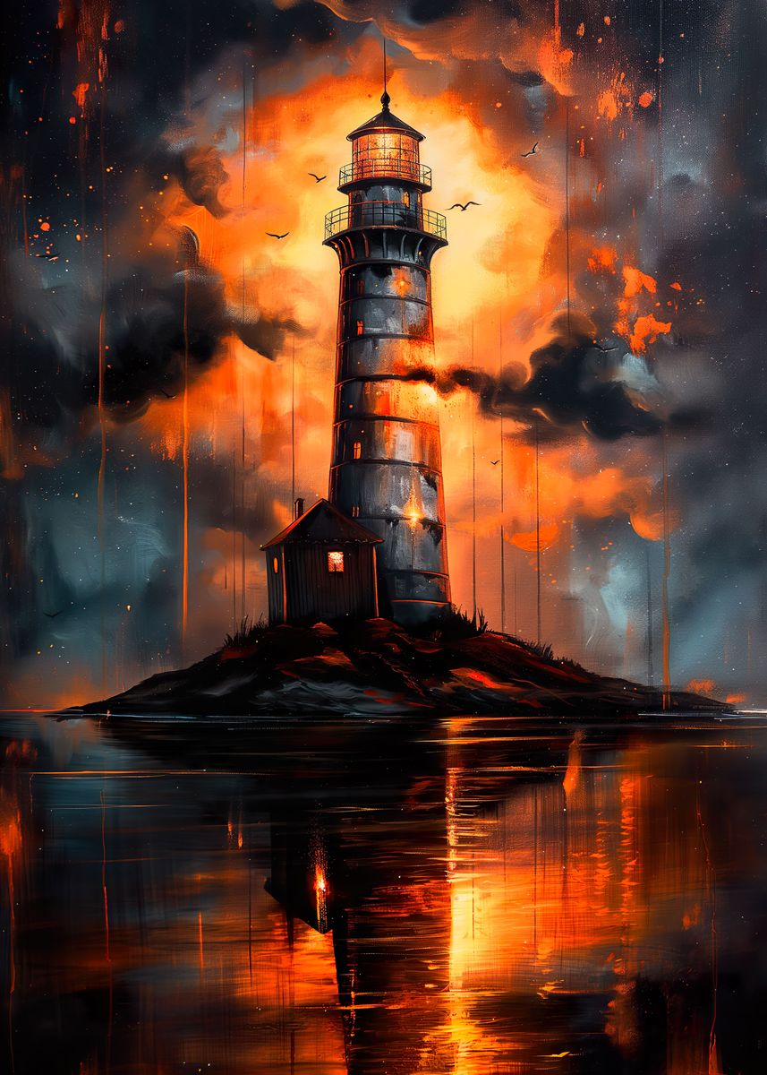 'Golden Lighthouse sunset' Poster, picture, metal print, paint by ...