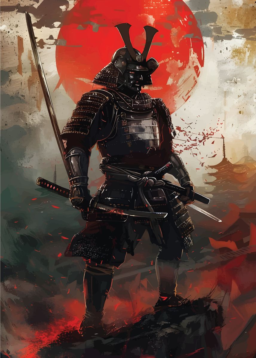 'Red Moon Samurai Warrior ' Poster, picture, metal print, paint by ...