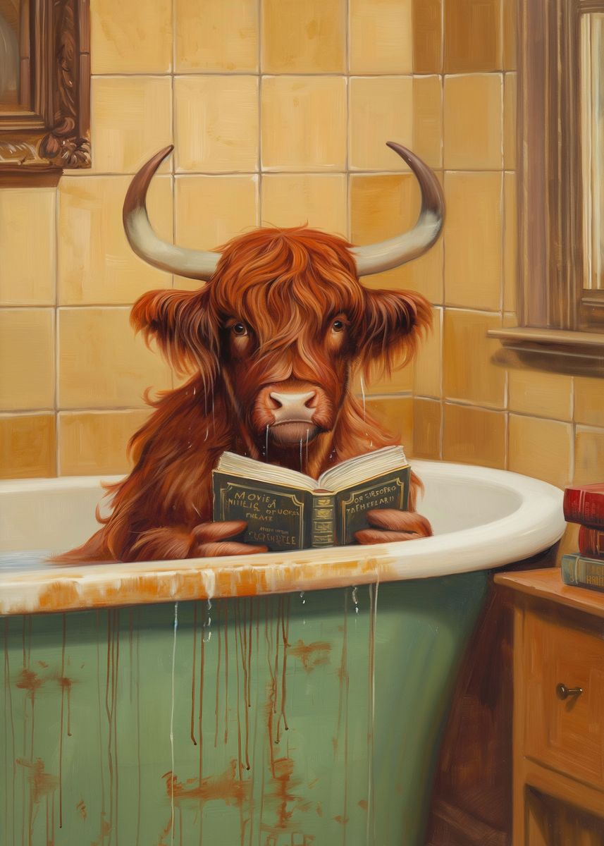 'Highland Cow Reading Book' Poster, picture, metal print, paint by Zenz ...
