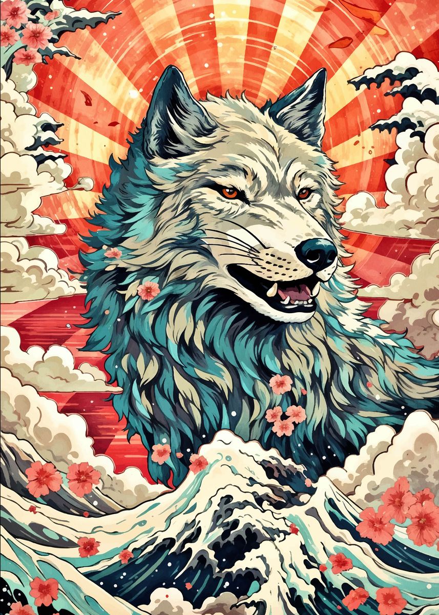 'Wolf Japan Wave Retro' Poster, picture, metal print, paint by Sohail ...