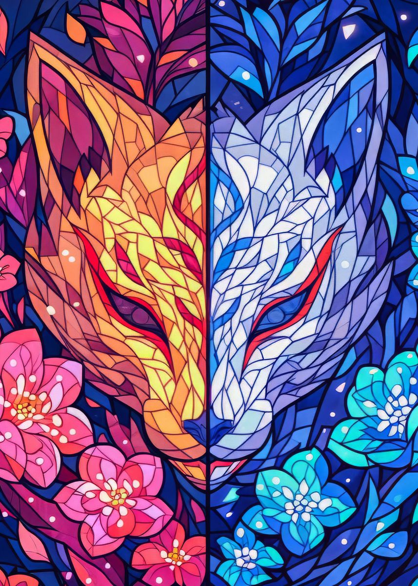 'Dual Kitsune' Poster, picture, metal print, paint by Vizio | Displate