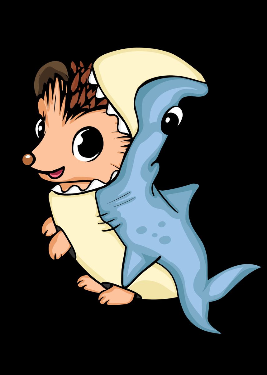 'Cute Hedgehog In Shark' Poster, picture, metal print, paint by ...
