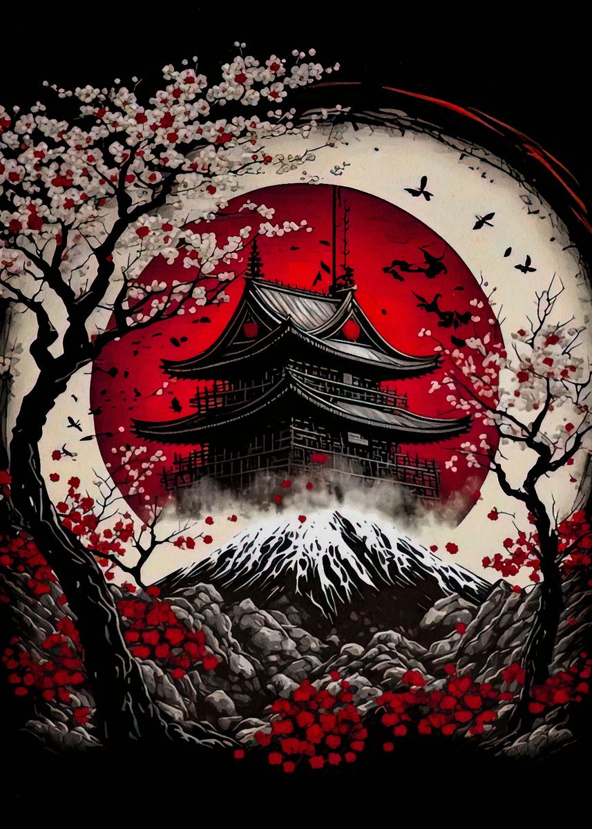 'Red Moon Japan' Poster, picture, metal print, paint by Miss Crystel ...