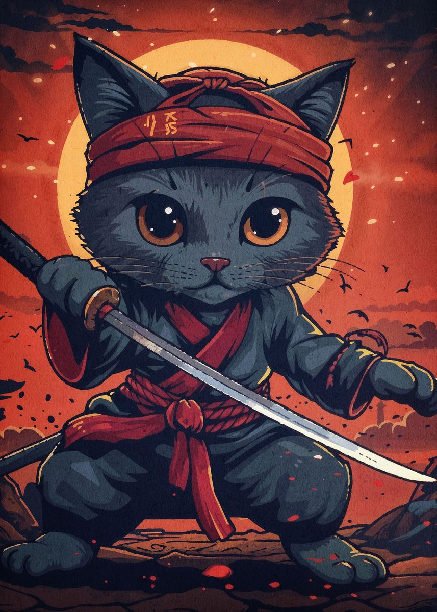 'cute cat samurai' Poster, picture, metal print, paint by Dily Art ...