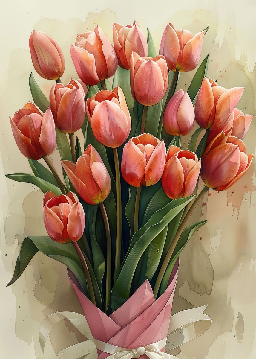 'Radiant Coral Tulips' Poster, picture, metal print, paint by Sakumi ...