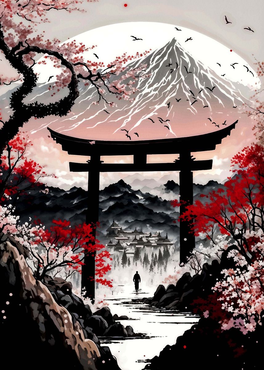'Japan Cherry Blossom Tori' Poster, picture, metal print, paint by ...
