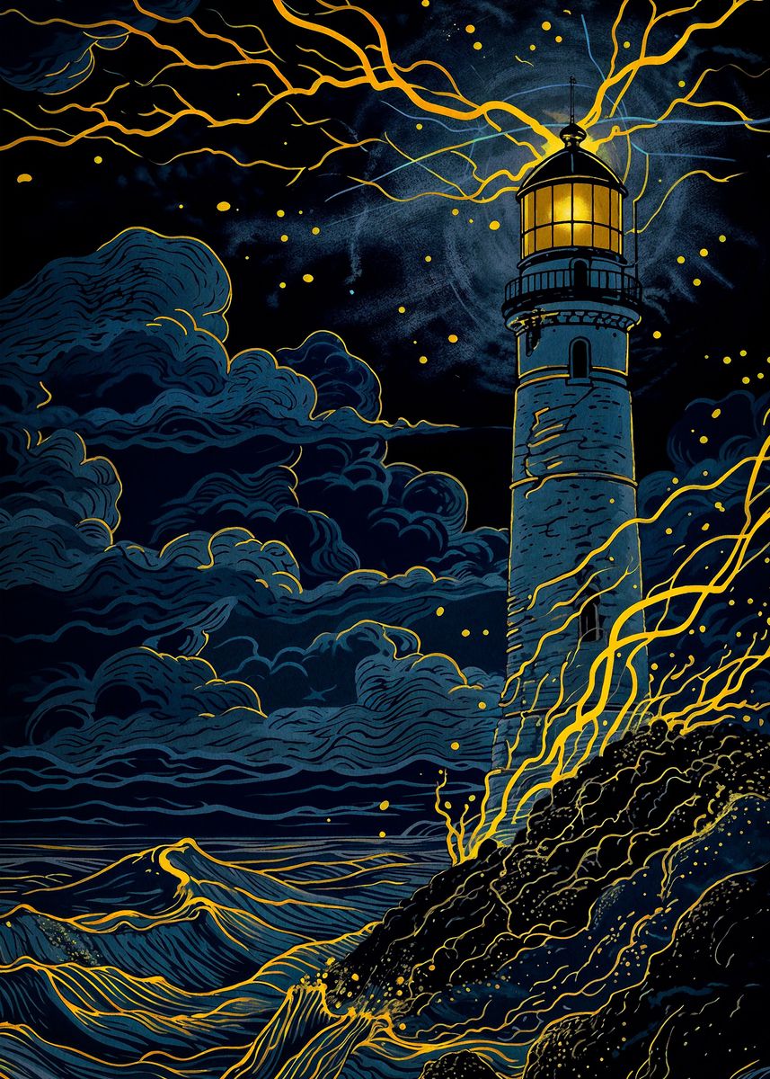 'Lighthouse In The Storm' Poster, picture, metal print, paint by ...