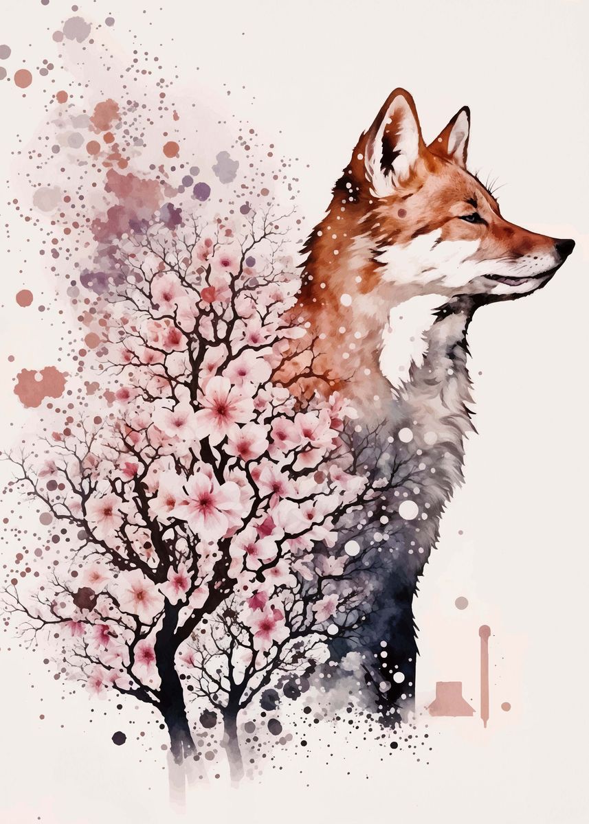 'Wolf Cherry Blossom Japan' Poster, picture, metal print, paint by ...
