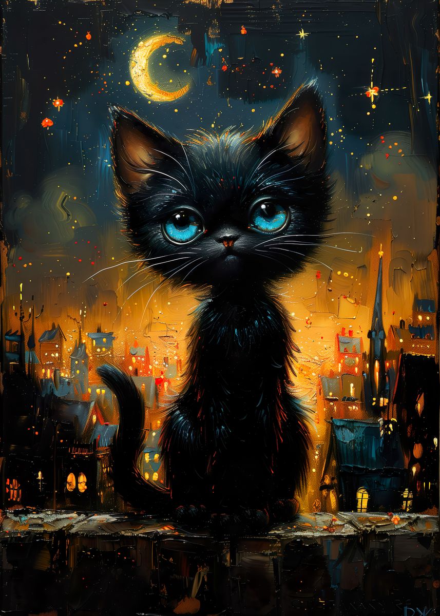 'Cat under moonlight' Poster, picture, metal print, paint by ...