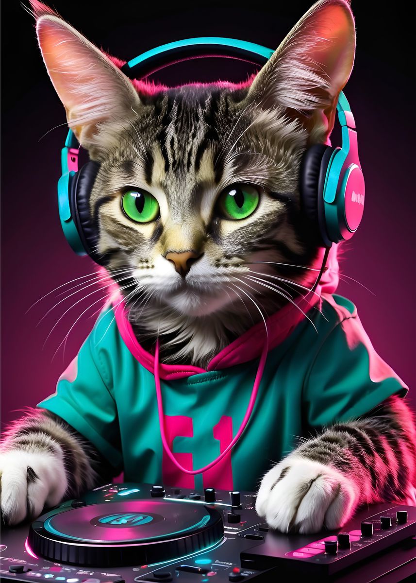 'dj meow' Poster, picture, metal print, paint by asri majid | Displate