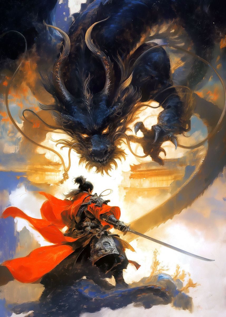 'Swordsman vs Dragon' Poster, picture, metal print, paint by Pixel ...